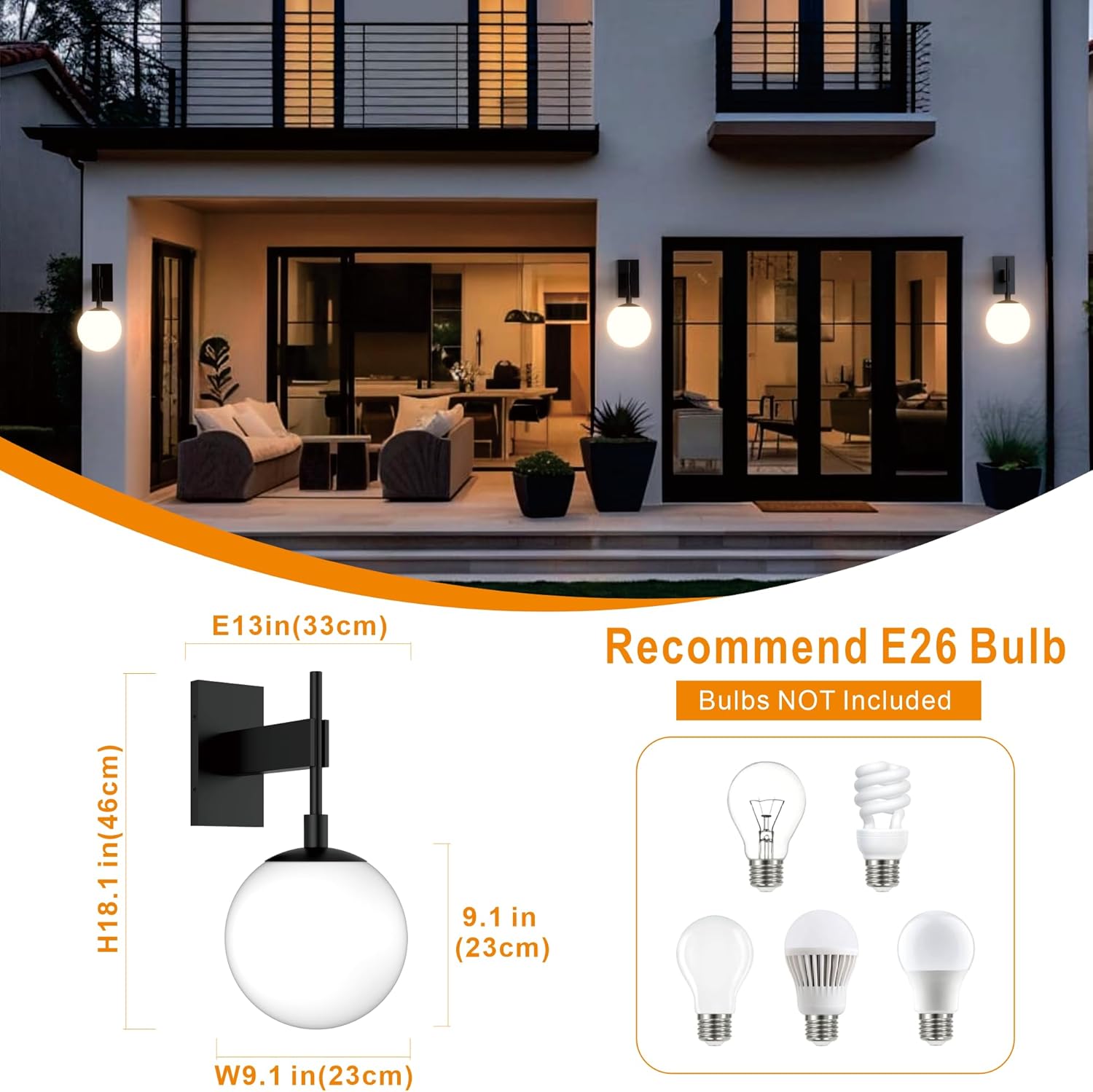 18" Outdoor Wall Sconce Waterproof Globe Light Fixture for Porch ...