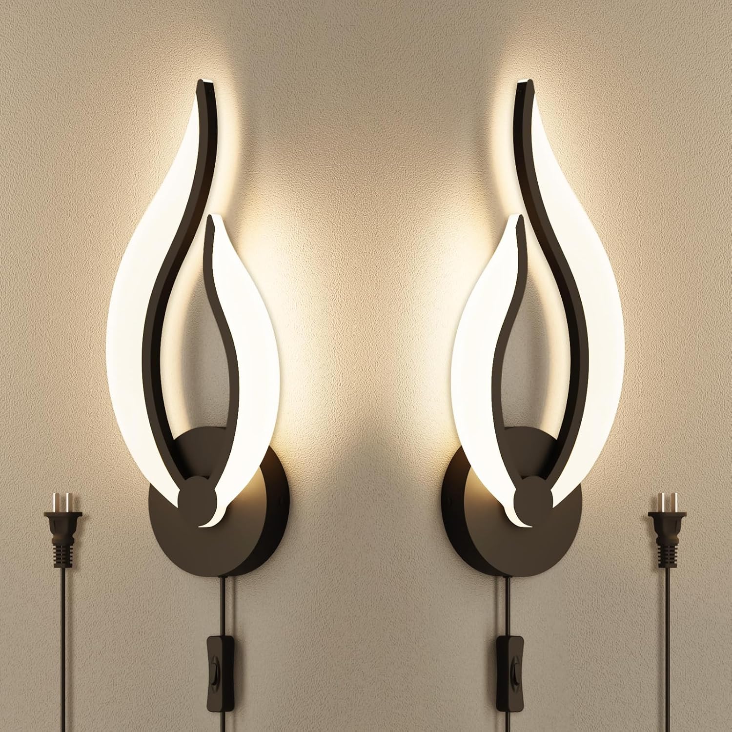 Set of 2 Modern LED Wall Lamps 10W Black Plug-In Bedside Lights 3000K ...