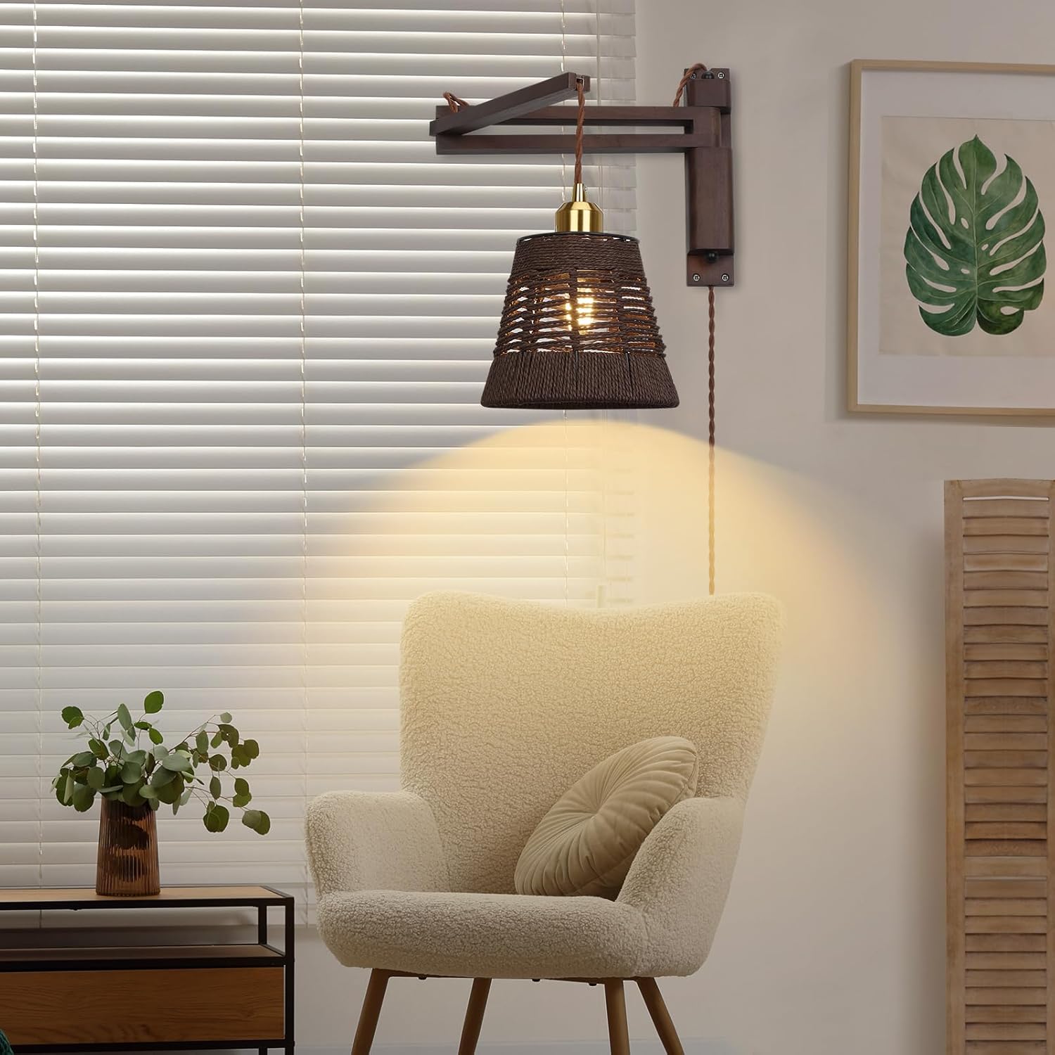 Wood Plug-in Wall Sconces with Swing Arm & Dimmable Switch – Vintage ...