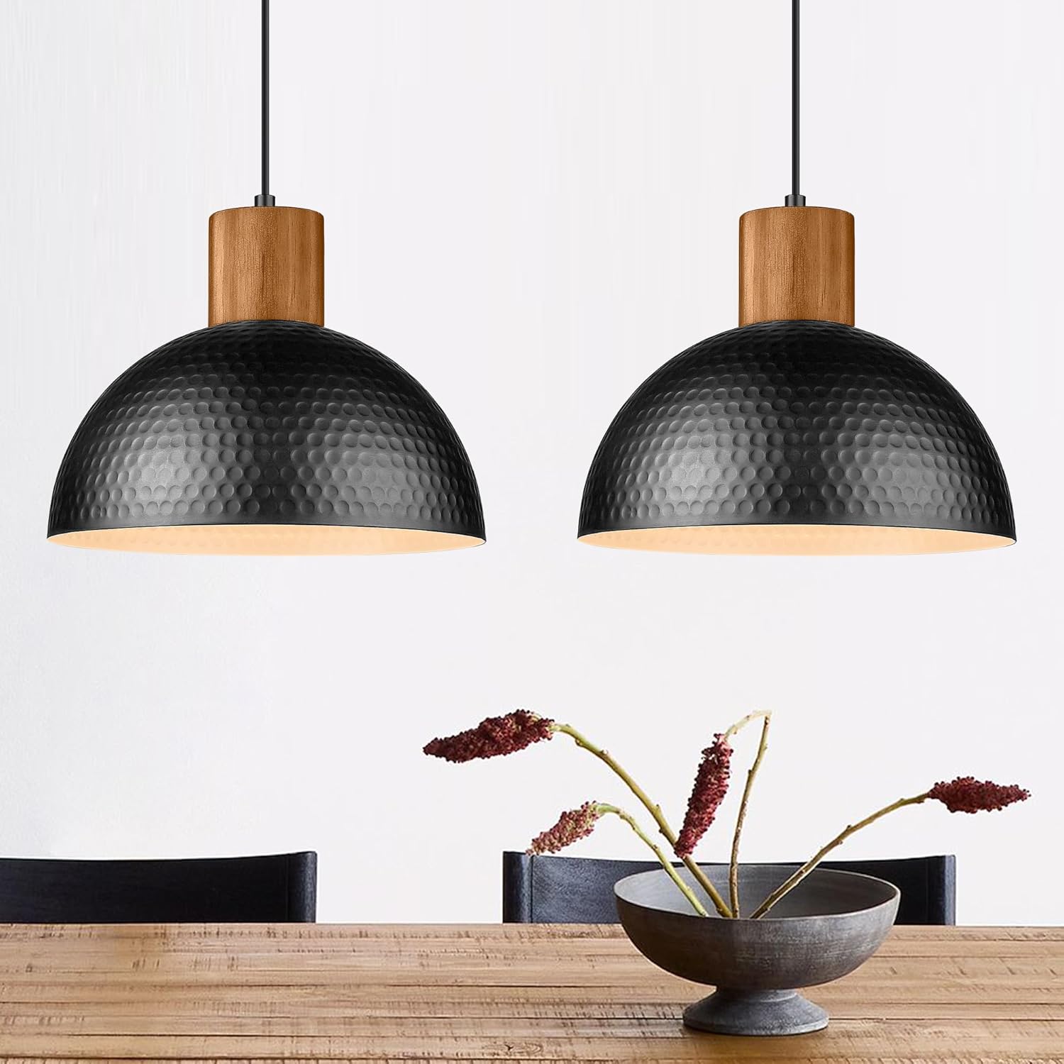2 Pack 12'' Black Hammered Metal Pendant Lights with Solid Wood | Gleam ...